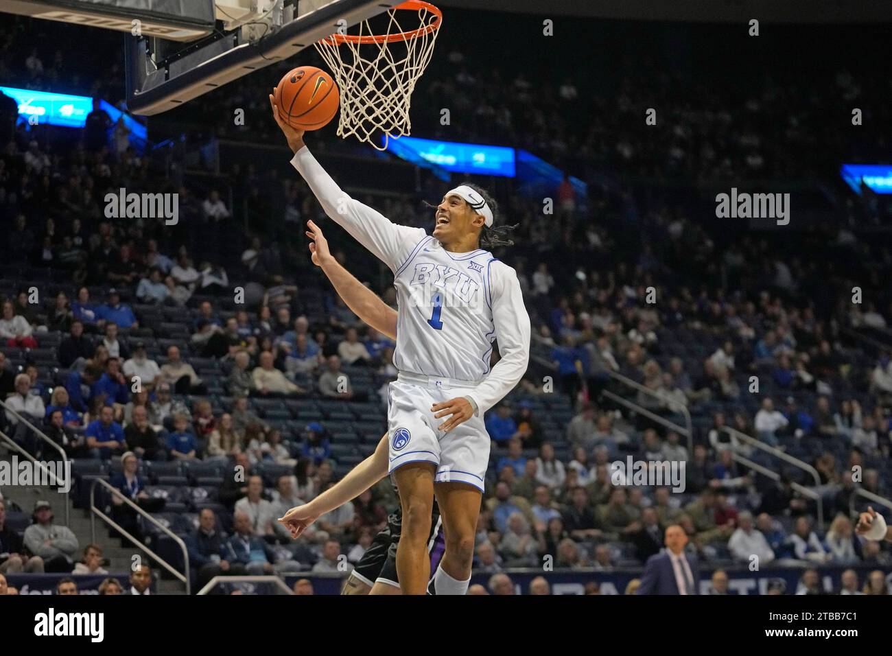BYU guard Trey Stewart (1) scores against Evansville during the second ...