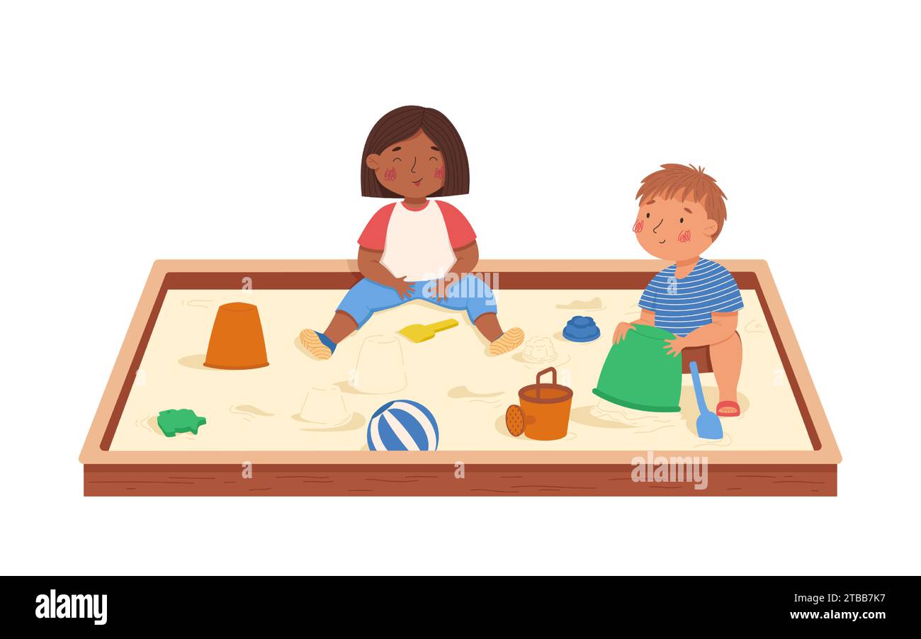 Little boy and girl playing in the sandbox. Multiculturalism and ...