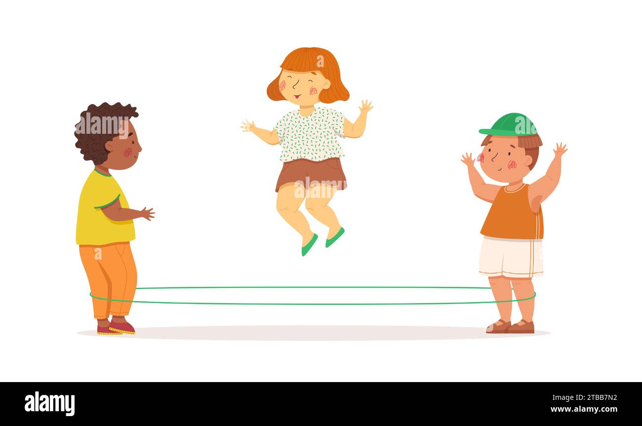 Cute girl jumping over a rubber band. Cute little boys play with girl ...