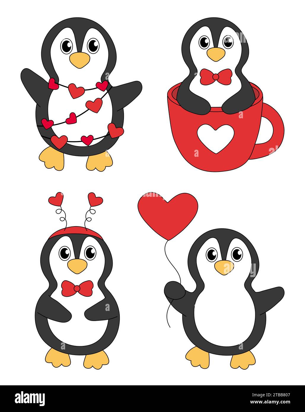 Set of cartoon Valentine day Penguin characters. Cute Penguins in cup ...