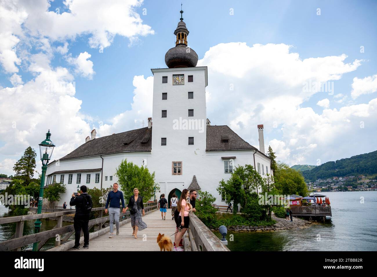 Gmunden , Austria - June 17, 2023: Orth Castle and Kissing Bridge on ...