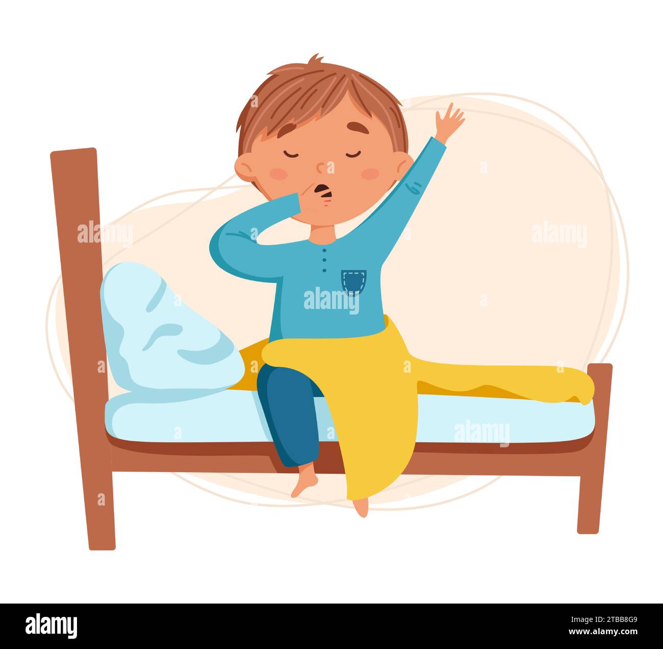 Cute blond boy wake up vector illustration. The child wakes up in his ...