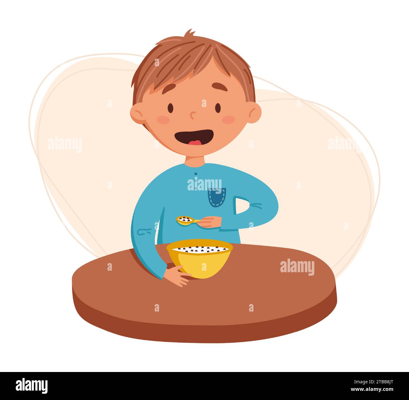 Cute blond boy having breakfast vector illustration. Daily routine ...