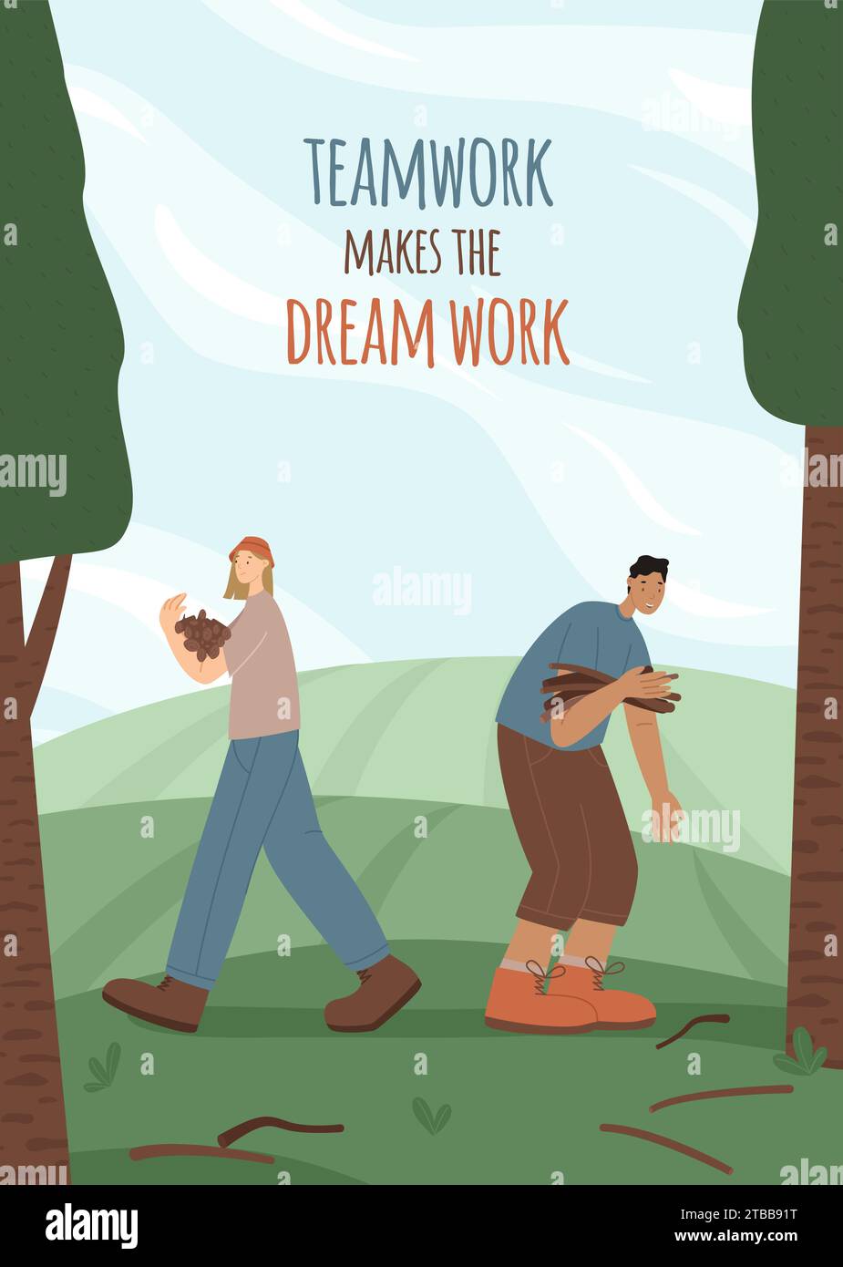 Hikers collect dry branches for a fire vector illustration. Travelers ...