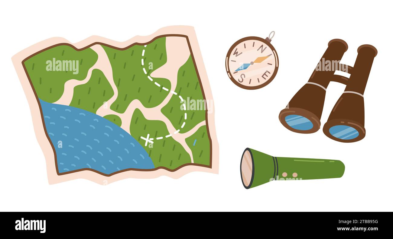 Hiking And Navigation Tools Set Hand Drawn Elements Map Compass Binoculars And Flashlight