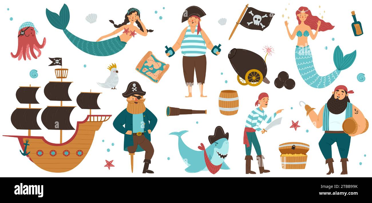 Collection of adorable pirates, sail ship, mermaids and underwater ...