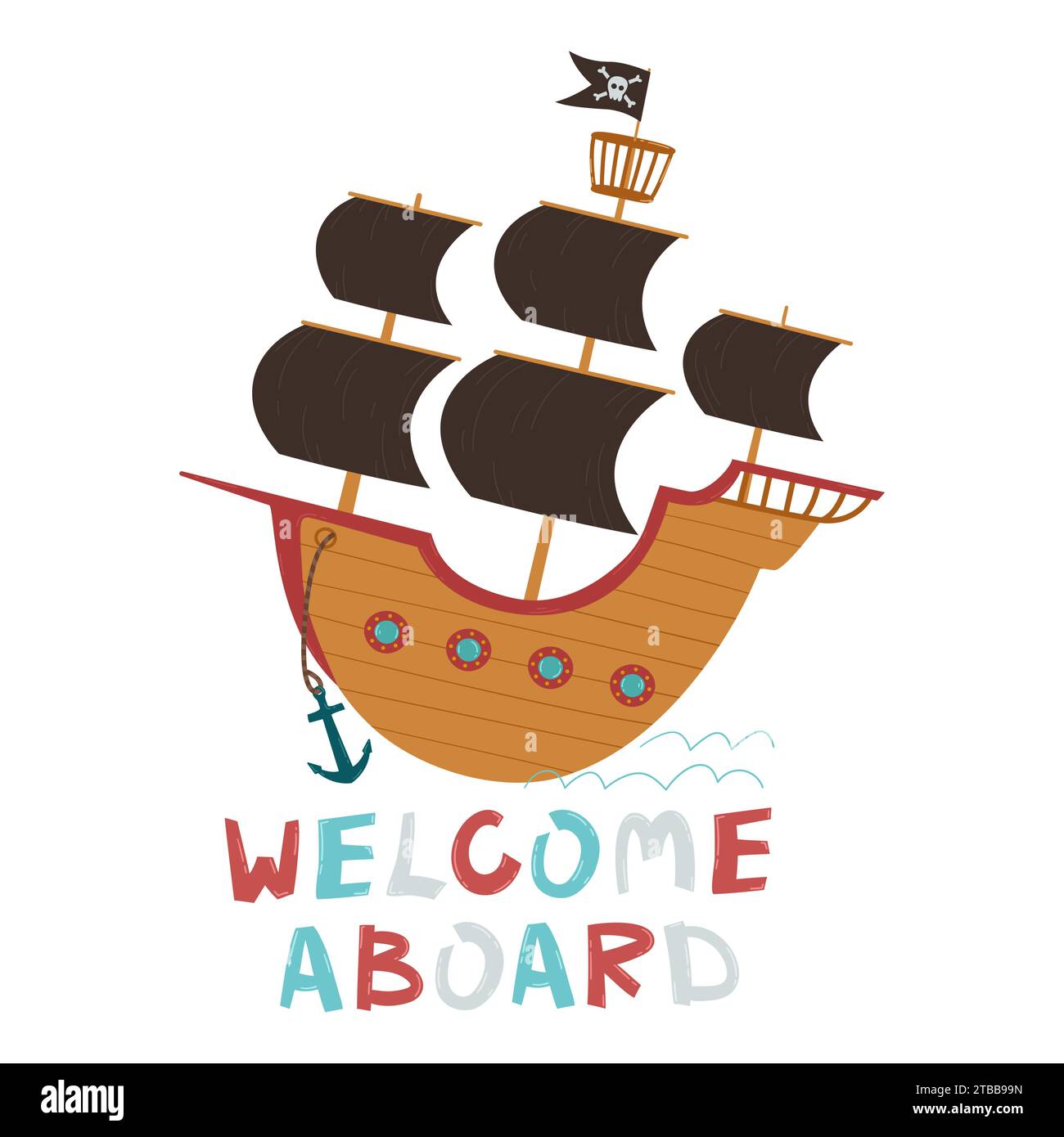 Pirate ship with open sails and a flag with a skull and crossbones ...