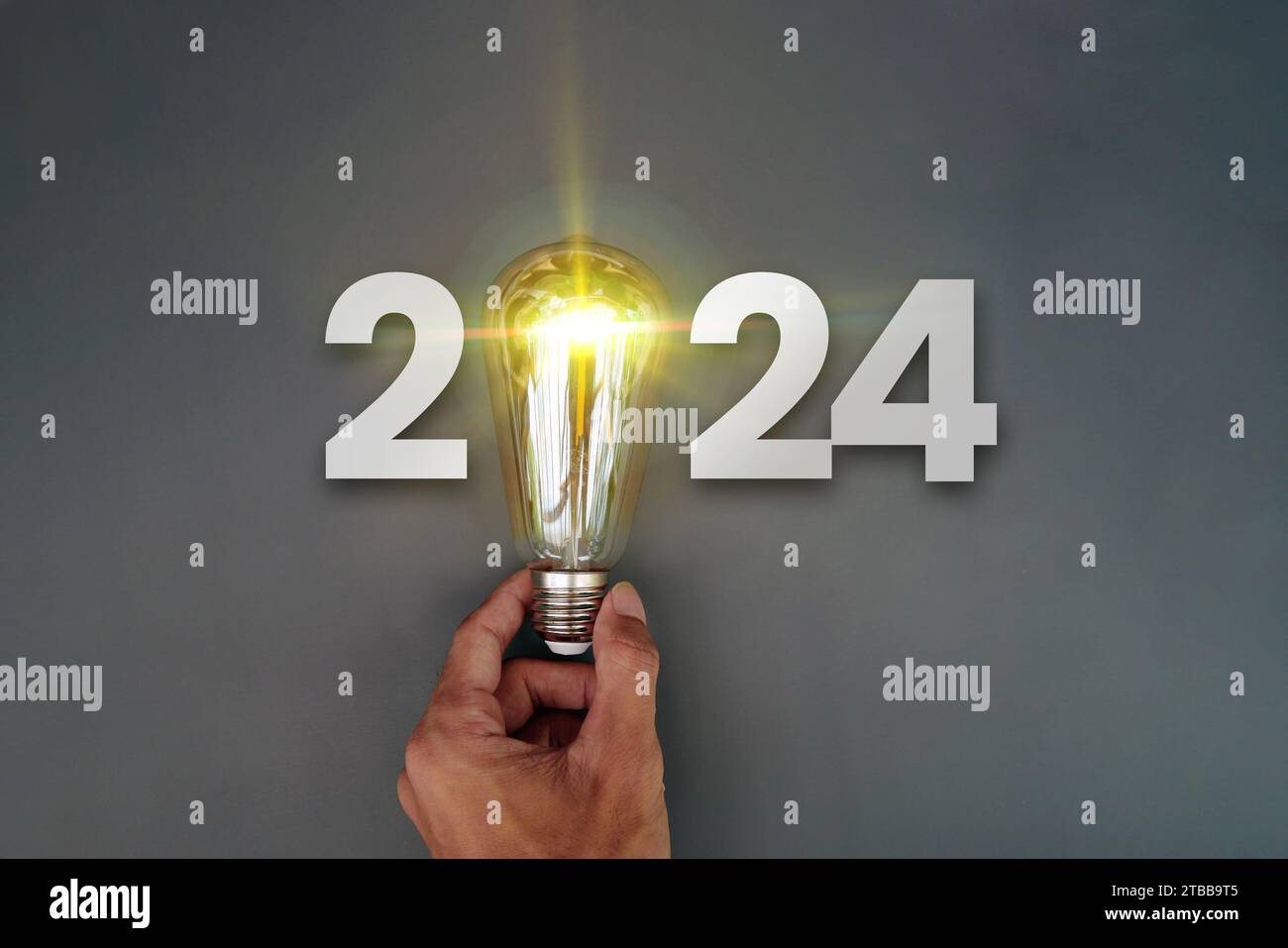 Happy New Year 2024 greeting card with light bulbs. Glowing 2024 ...