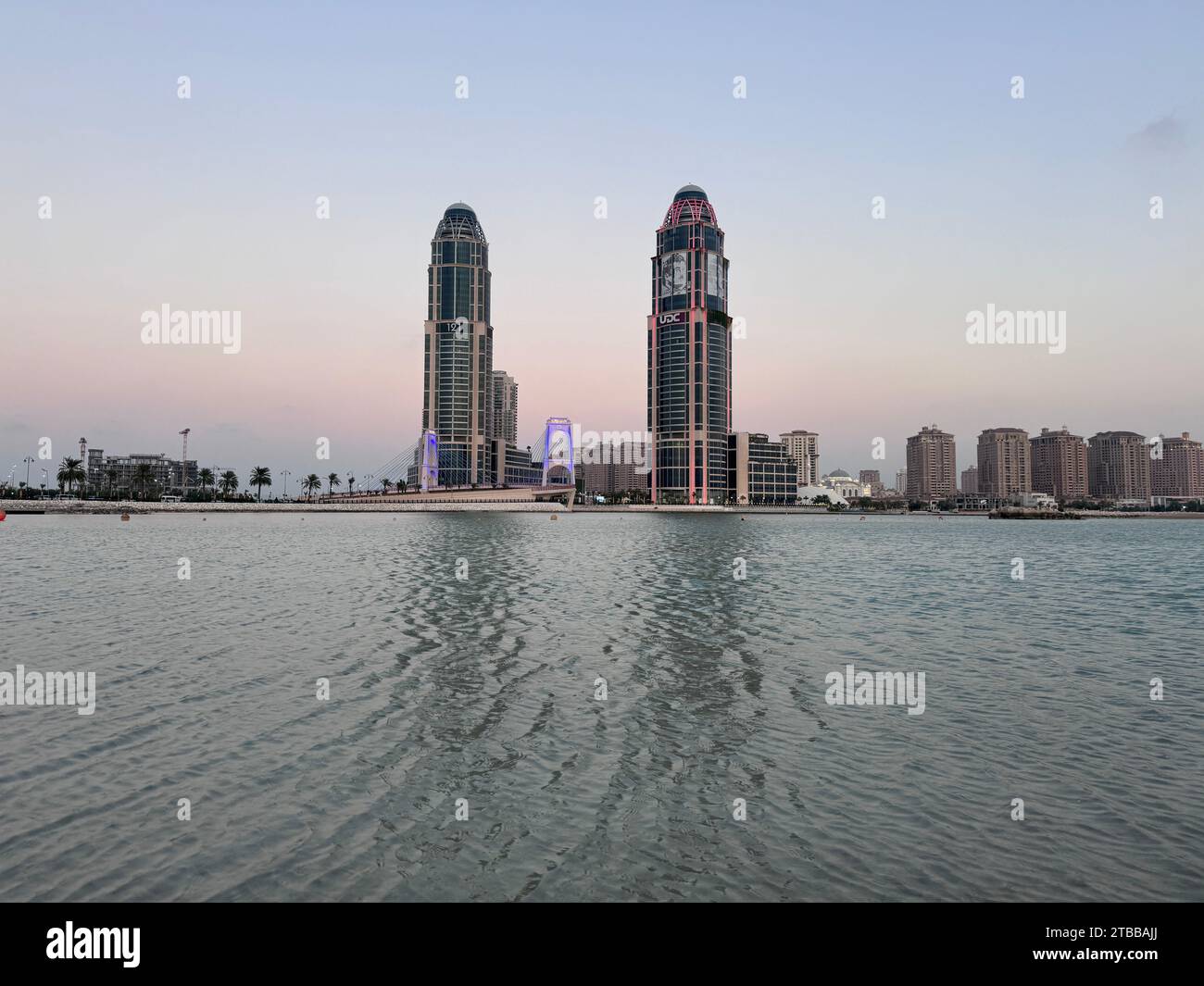 UDC twin tower Pearl Qatar wit Gewan Bridge Doha Qatar Stock Photo - Alamy