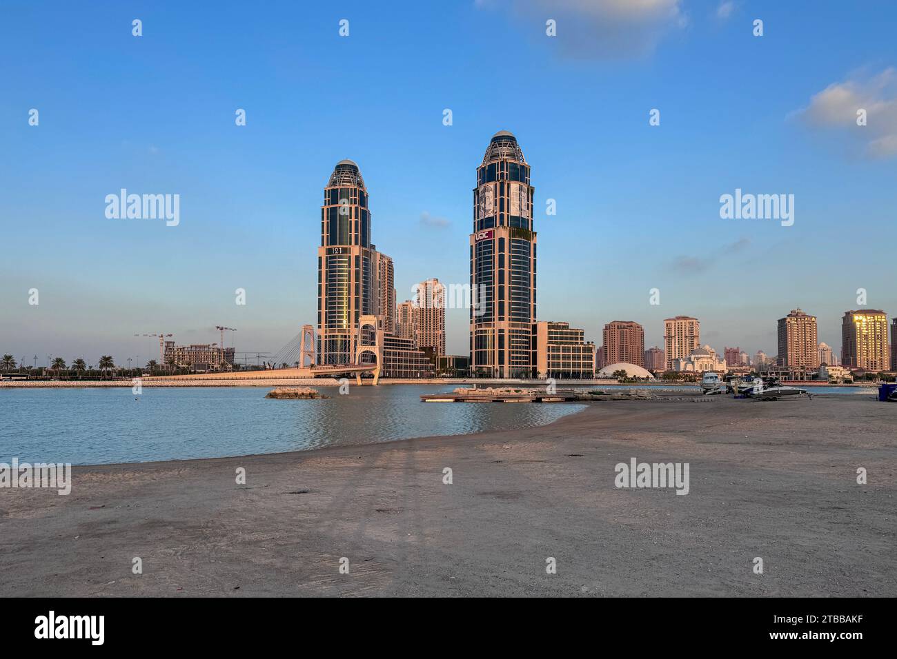 UDC twin tower Pearl Qatar wit Gewan Bridge Doha Qatar Stock Photo - Alamy