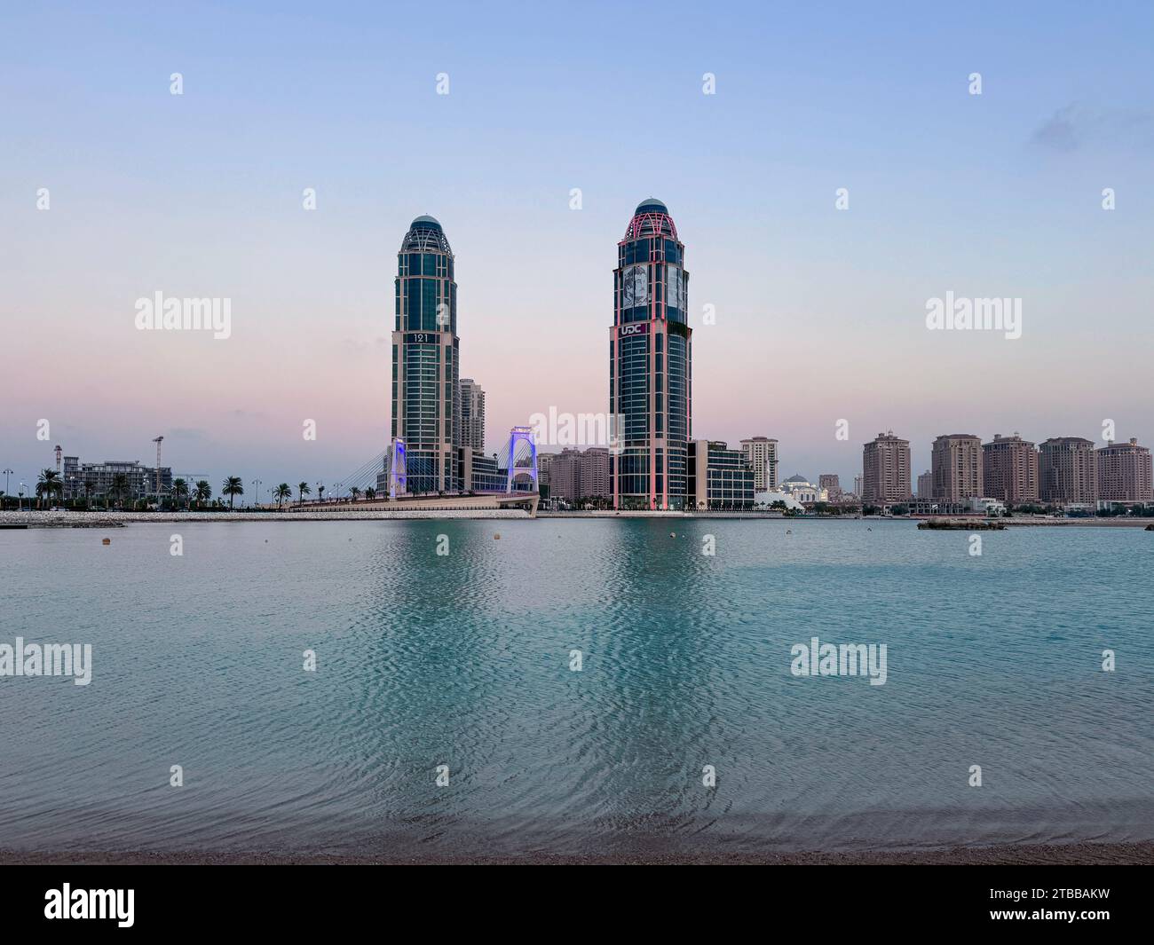 UDC twin tower Pearl Qatar wit Gewan Bridge Doha Qatar Stock Photo - Alamy