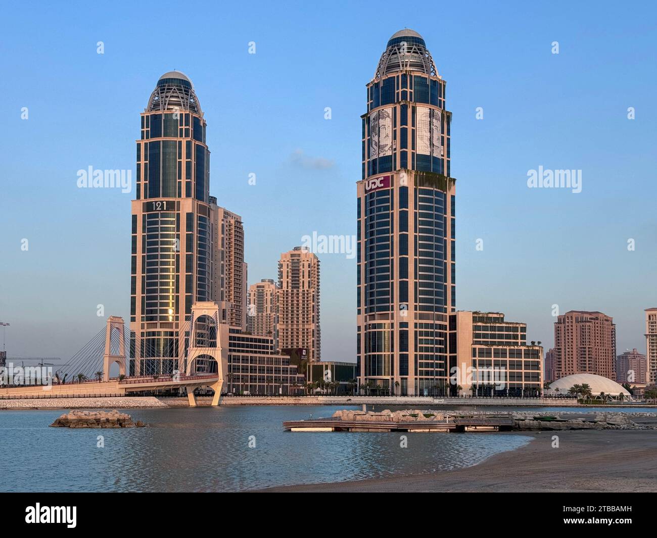 UDC twin tower Pearl Qatar wit Gewan Bridge Doha Qatar Stock Photo - Alamy