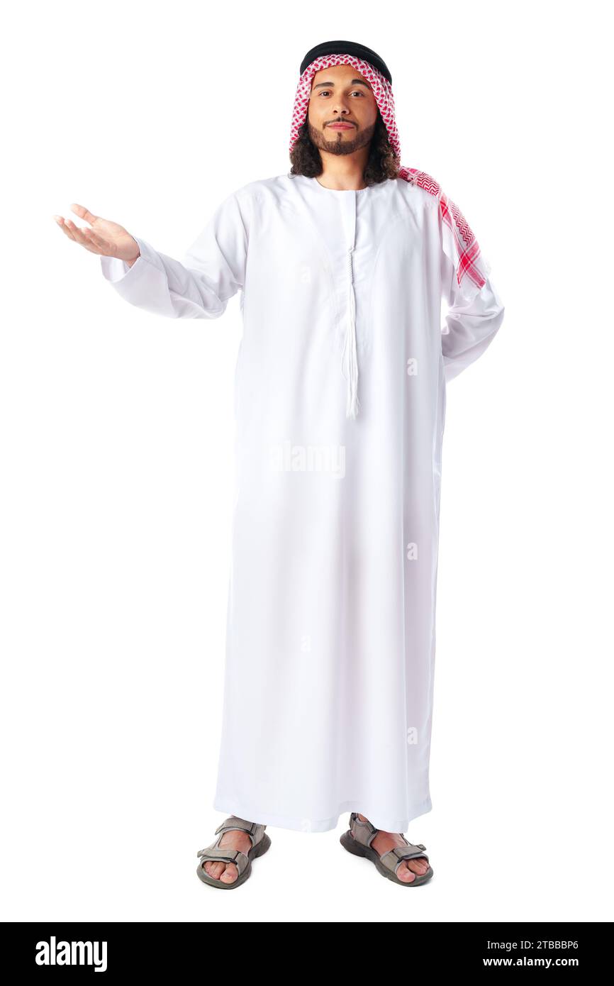 Full-length portrait of young middle-east man in thobe dress on white ...
