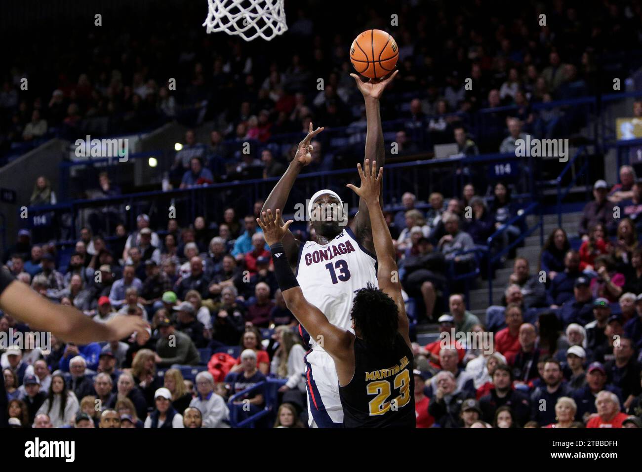 Gonzaga forward Graham Ike (13) shoots while pressured by Arkansas-Pine ...