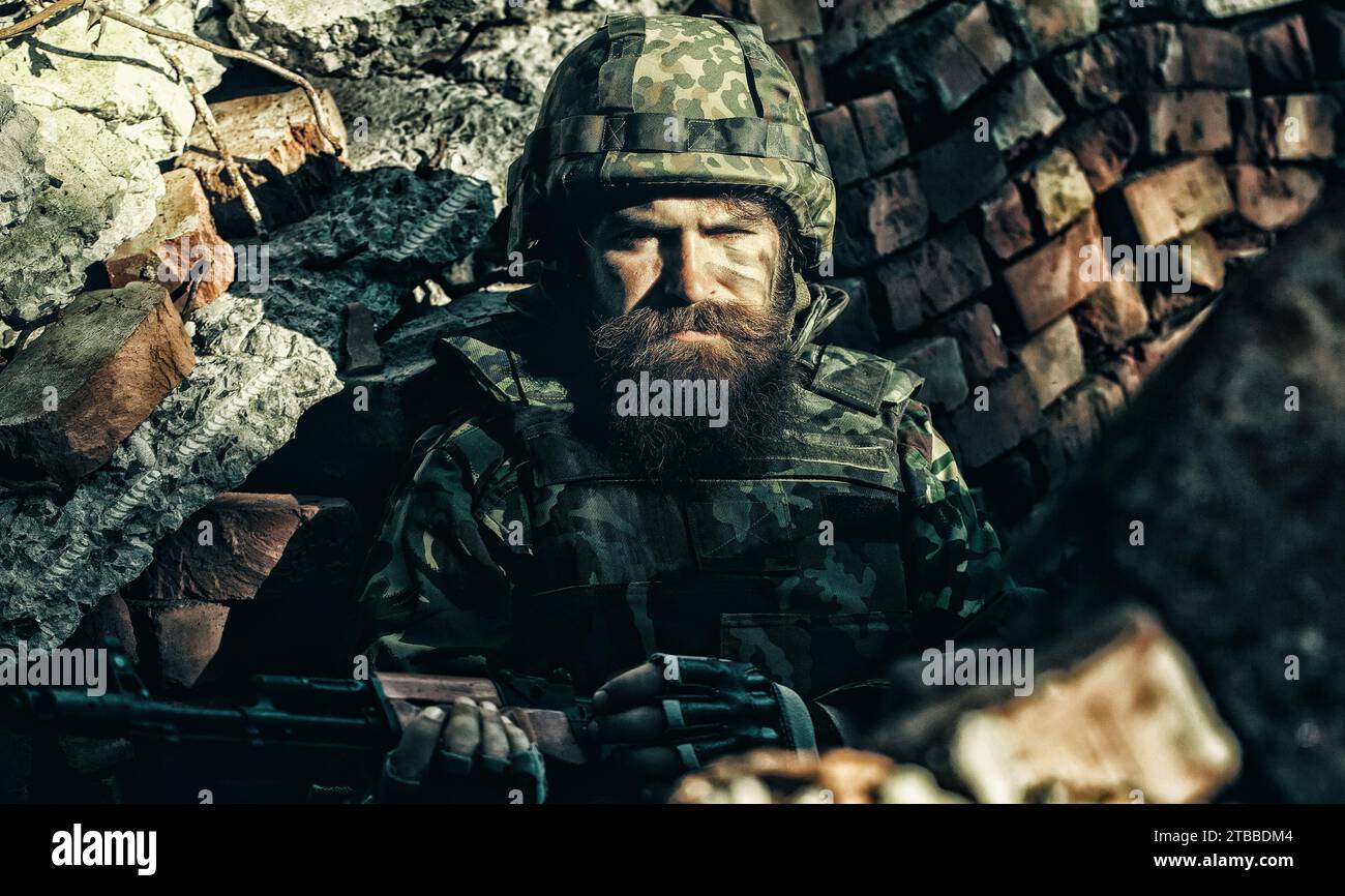 Military company mercenary, brutal soldier in battle in uniform and ...