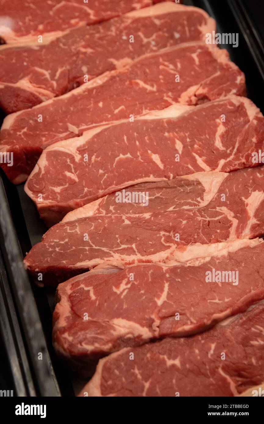 New York strip steaks lined up at the butcher Stock Photo - Alamy