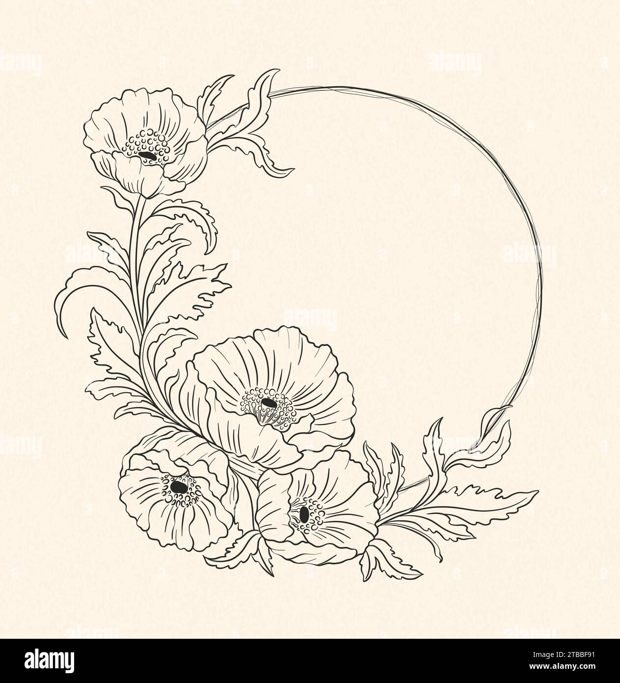 Floral poppy plant in art nouveau 1920-1930. Hand drawn with weaves of ...