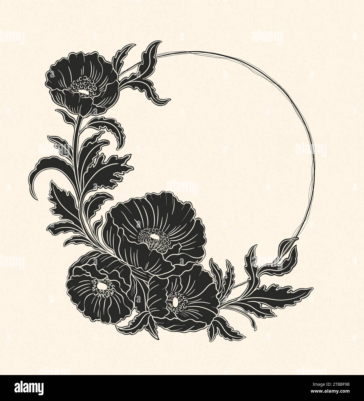 Floral poppy plant in art nouveau 1920-1930. Hand drawn with weaves of ...