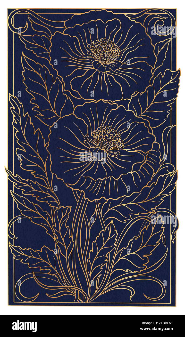 Floral poppy plant in art nouveau 1920-1930. Hand drawn with weaves of ...