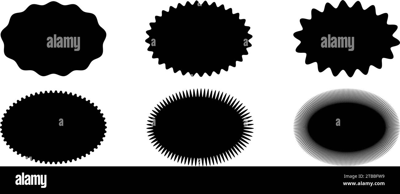Wavy edge ellipse shape collection. Jagged zig zag oval elements set ...