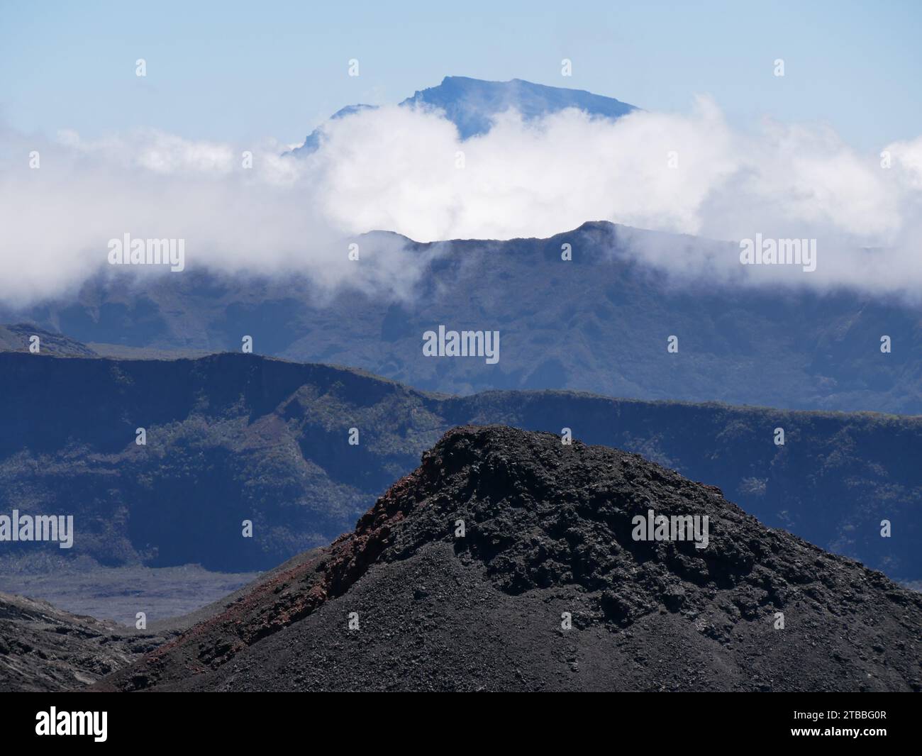 eruptive cone on the Fournaise volcano, Piton des neiges in the far ...
