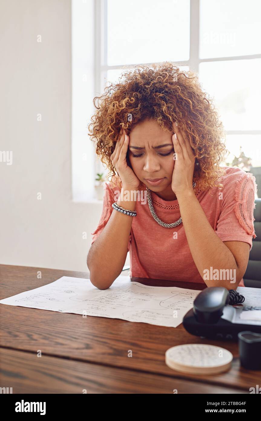 Headache, paperwork or secretary with administration stress, documents ...