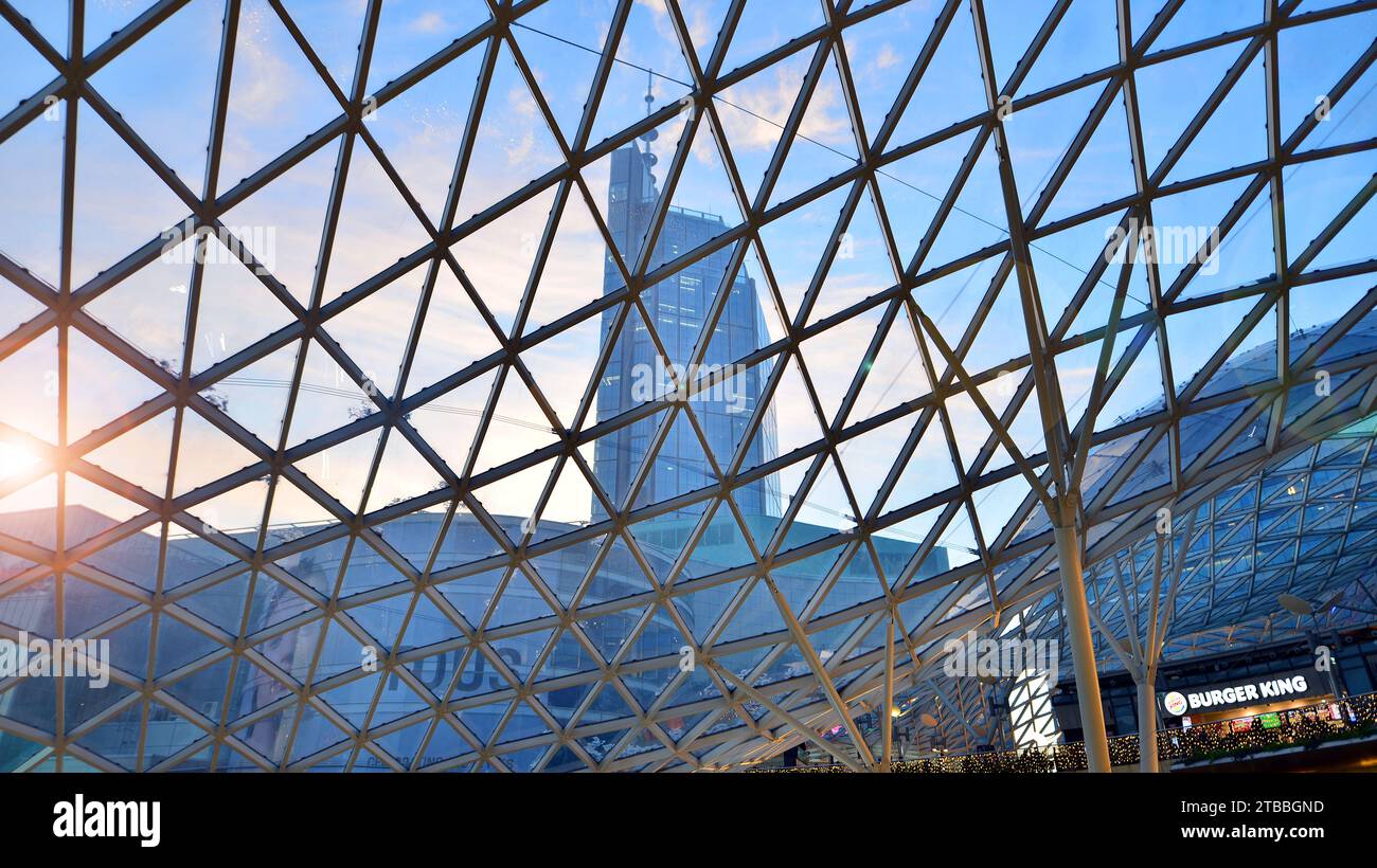 Warsaw, Poland. 5 December 2023. The modern glass shopping mall "Golden terraces". Glass, modern ...