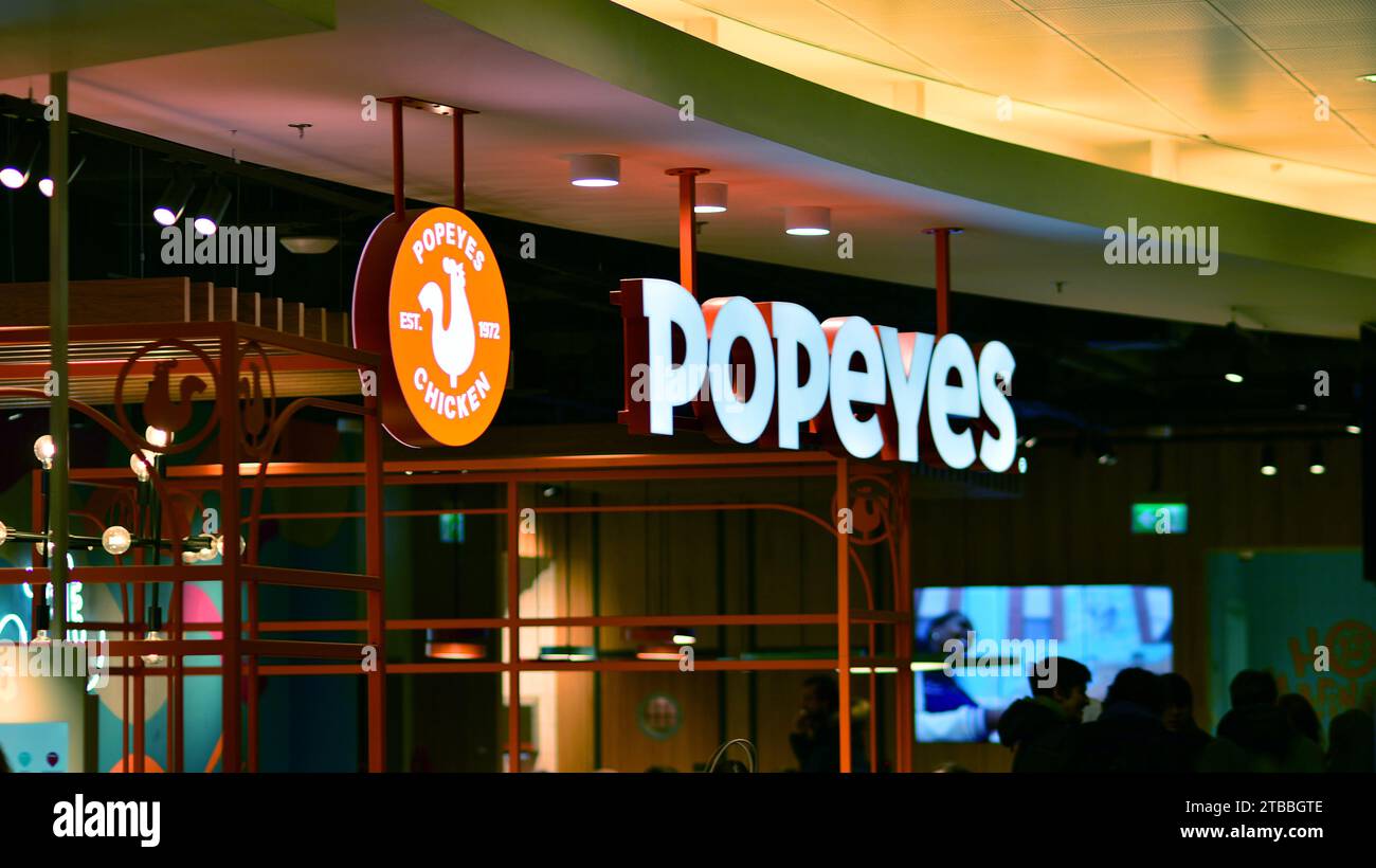 Warsaw, Poland. 5 December 2023. Sign Popeyes. Company signboard ...