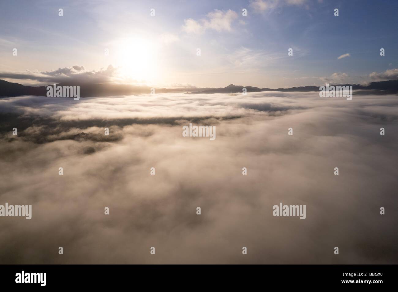 Aerial view of flowing fog waves on mountain tropical rainforest,Bird ...