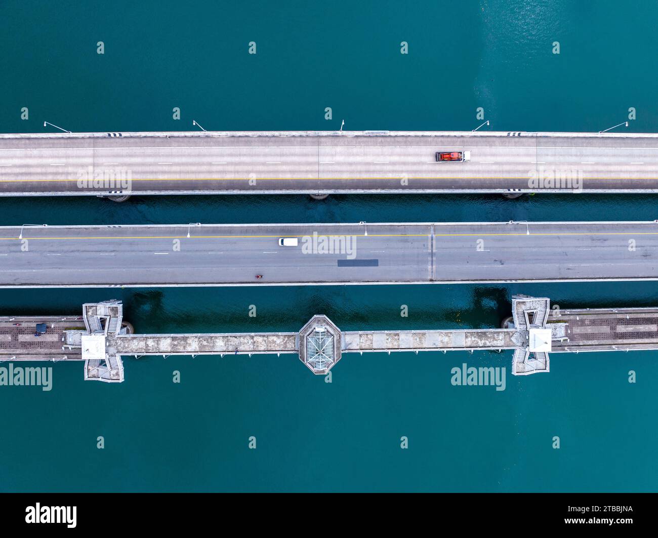 Aerial top view drone shot of bridge with cars on bridge road image ...