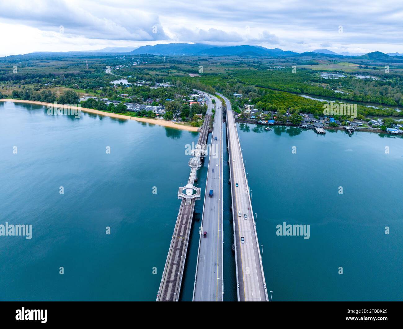 Aerial top view drone shot of bridge with cars on bridge road image ...