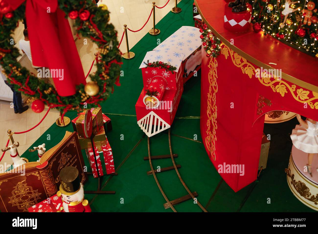 Christmas decoration. xmas Train. Beautiful Christmas tree in decorated ...