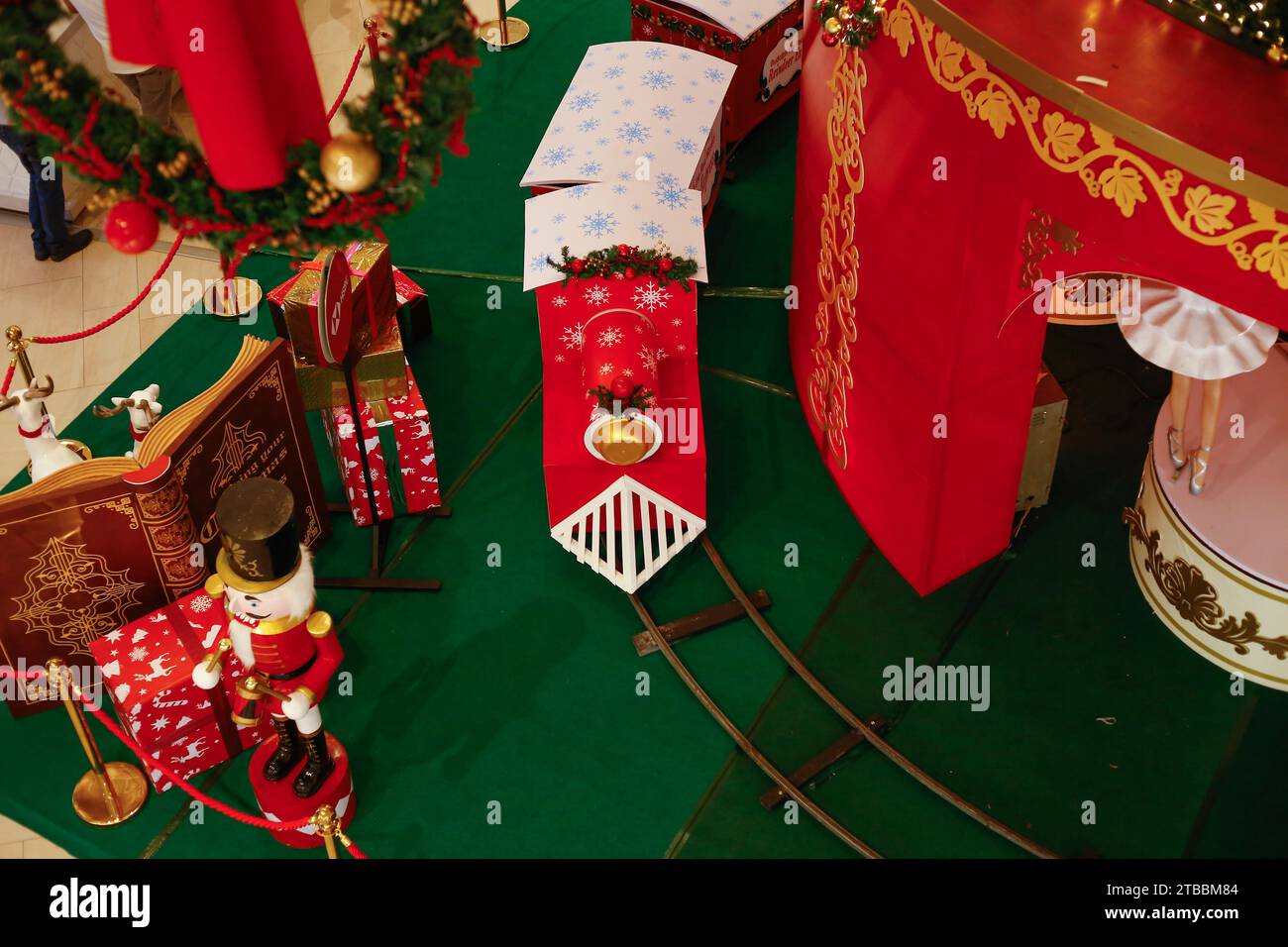 Christmas decoration. xmas Train. Beautiful Christmas tree in decorated ...