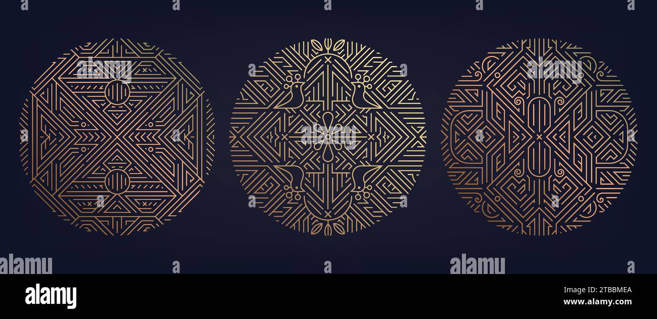 Vector set of art deco round patterns, geometric circle ornaments ...