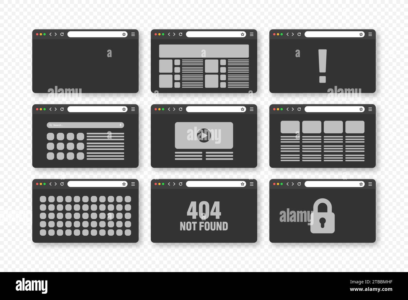 Web browser window, pages layout with toolbar and search field. Modern ...