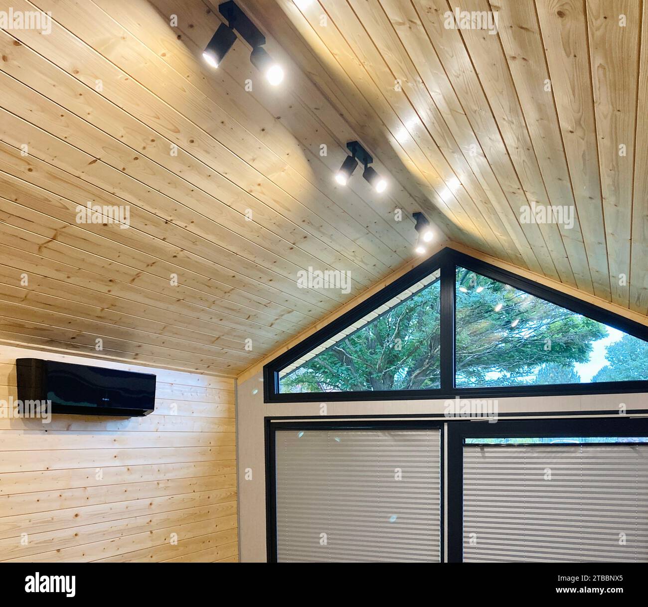 Modern interior in construction. Mobile home inside. Small hut. Warm ...