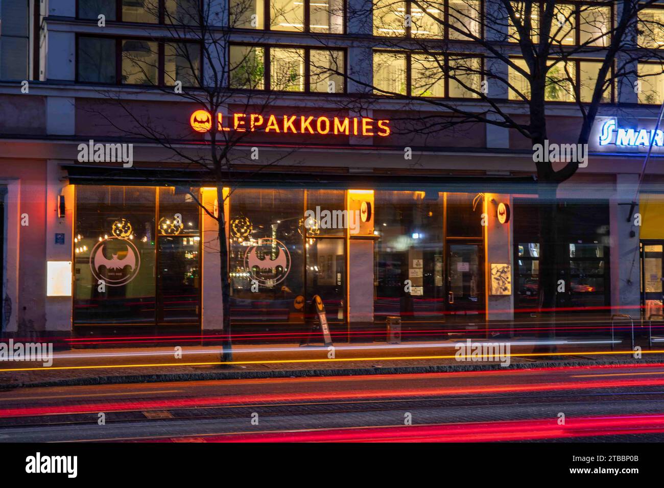Dive bar and music venue Lepakkomies at Helsinginkatu 1 after dark with ...
