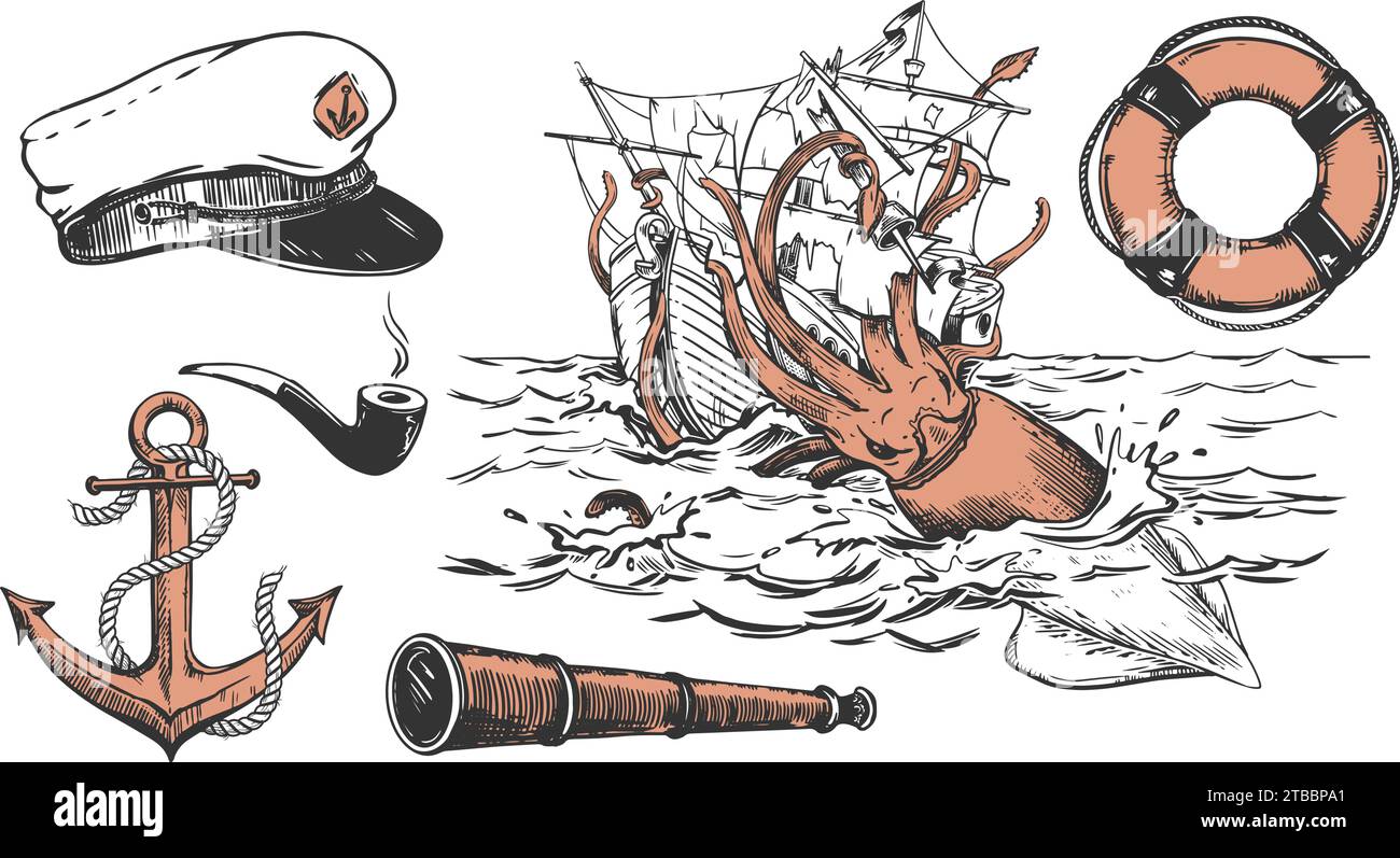 Nautical elements set. Anchor, captain's cap, lifebuoy, smoking pipe ...