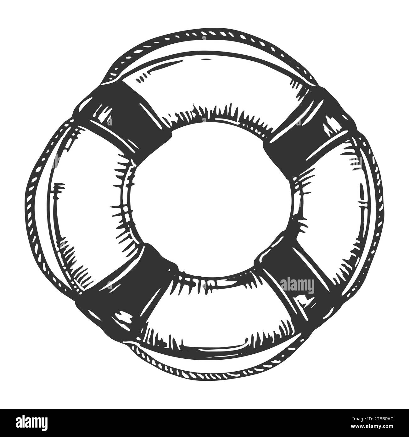 The lifebuoy is tied with a rope. Rescue tool in engraving style. The ...