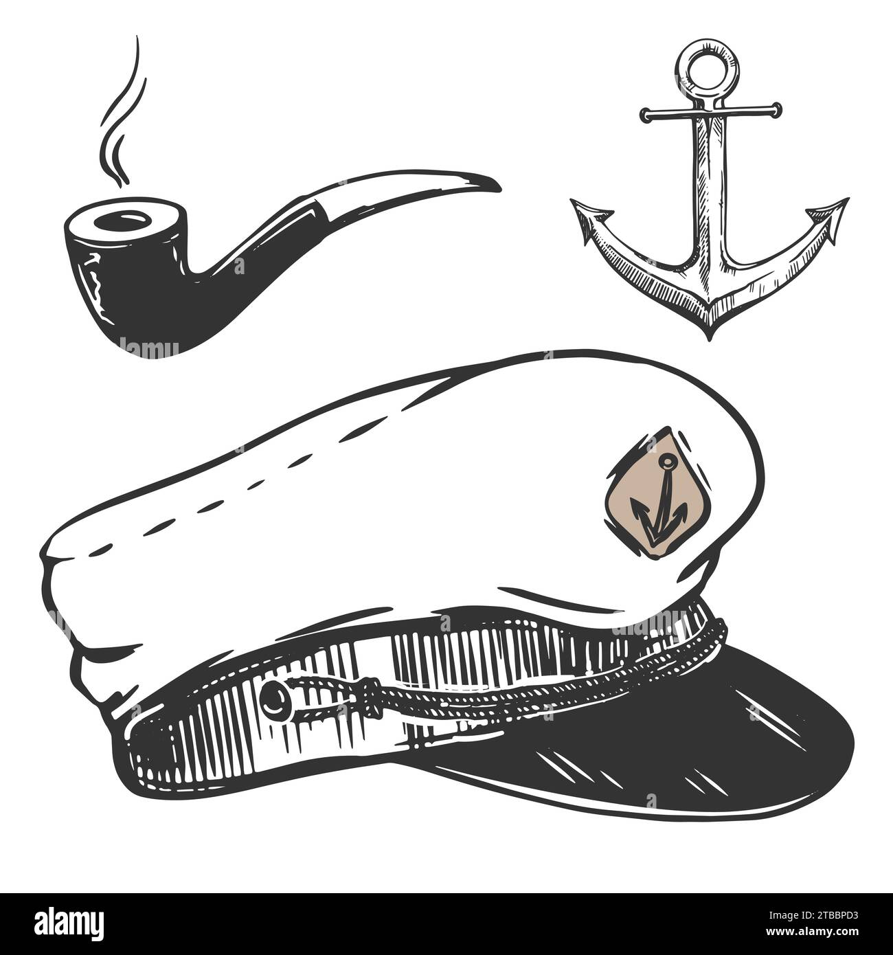 Nautical elements set. Vector captain's cap, smoking pipe, metal anchor ...