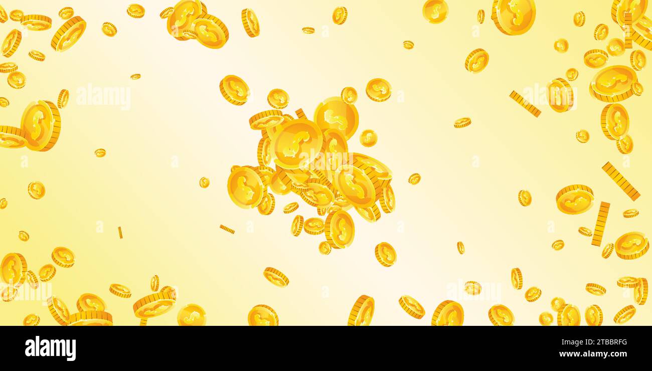 American dollar coins falling. Scattered gold USD coins. USA money ...