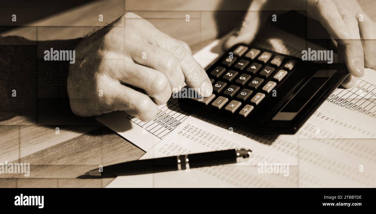 Male hand using calculator, accounting concept, geometric pattern Stock ...