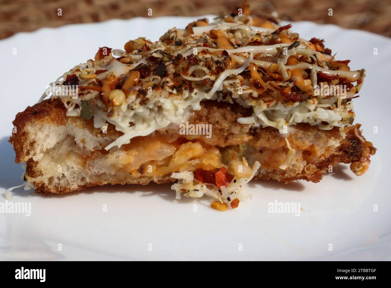 Open cheese Sandwich toast with pizza topping and Mayo cheese Stock ...