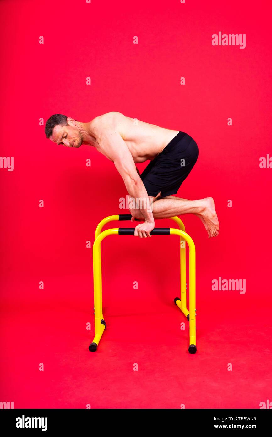 Male gymnast performing handstand on parallel bars, studio shot Stock ...