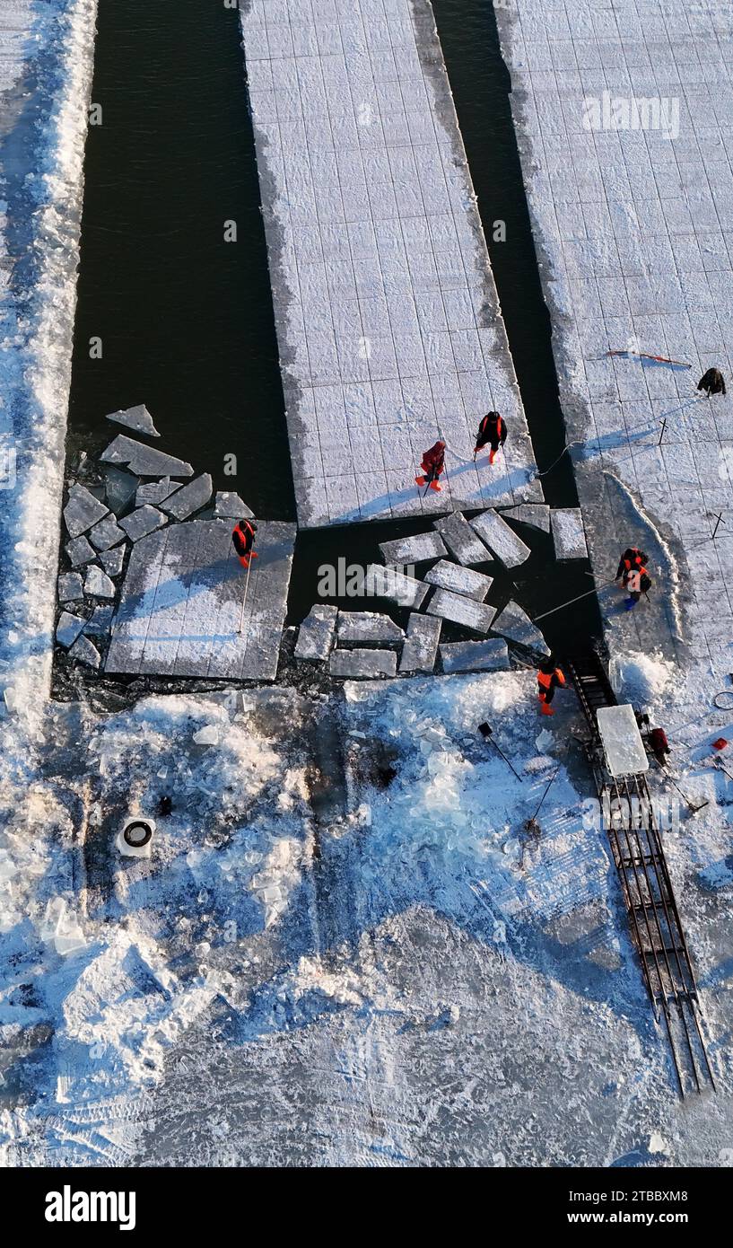 Aerial photo shows workers cutting ice lines to mine ice on Songhua ...