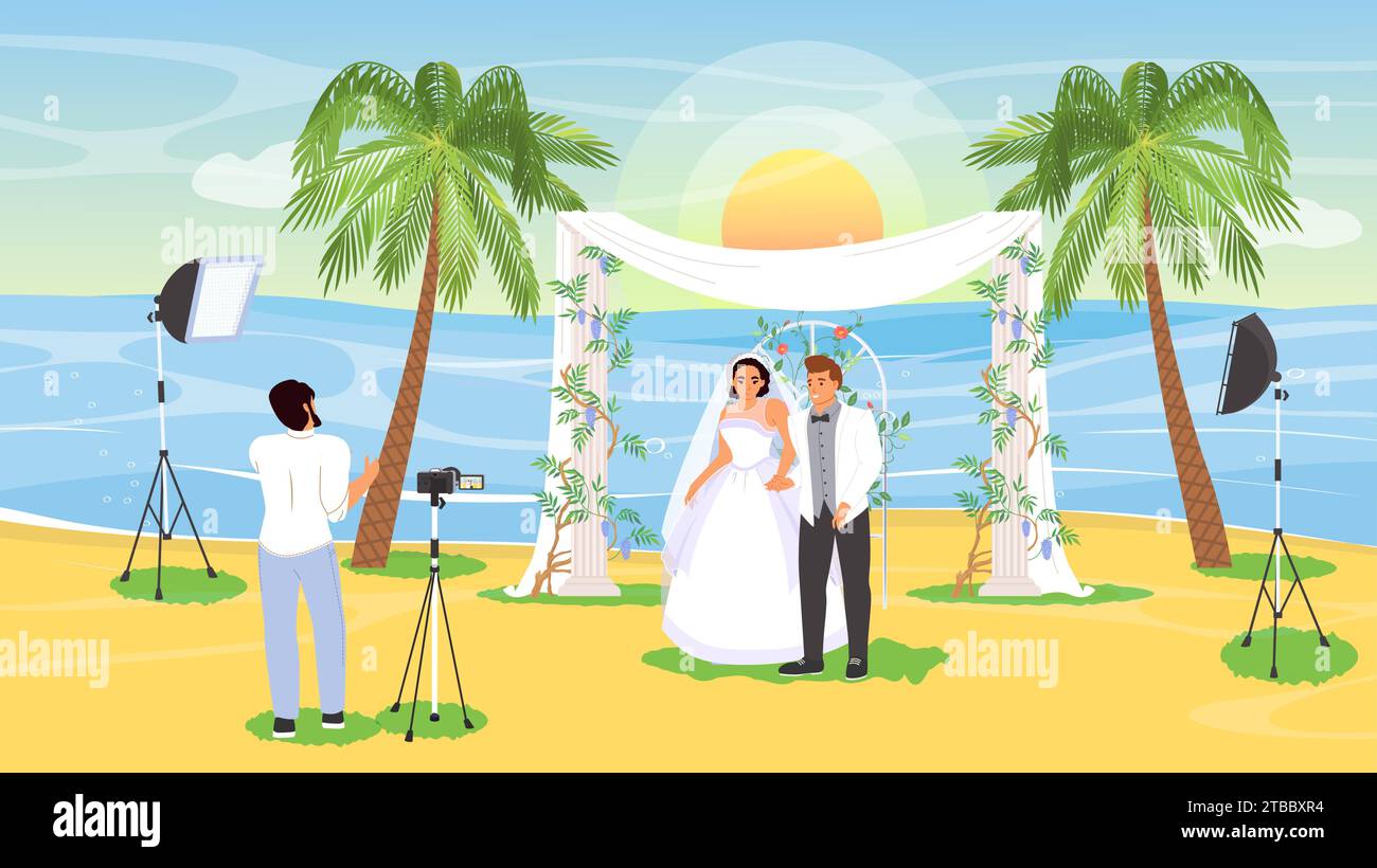 Photo shoot of wedding at tropical seacoast vector illustration Stock ...