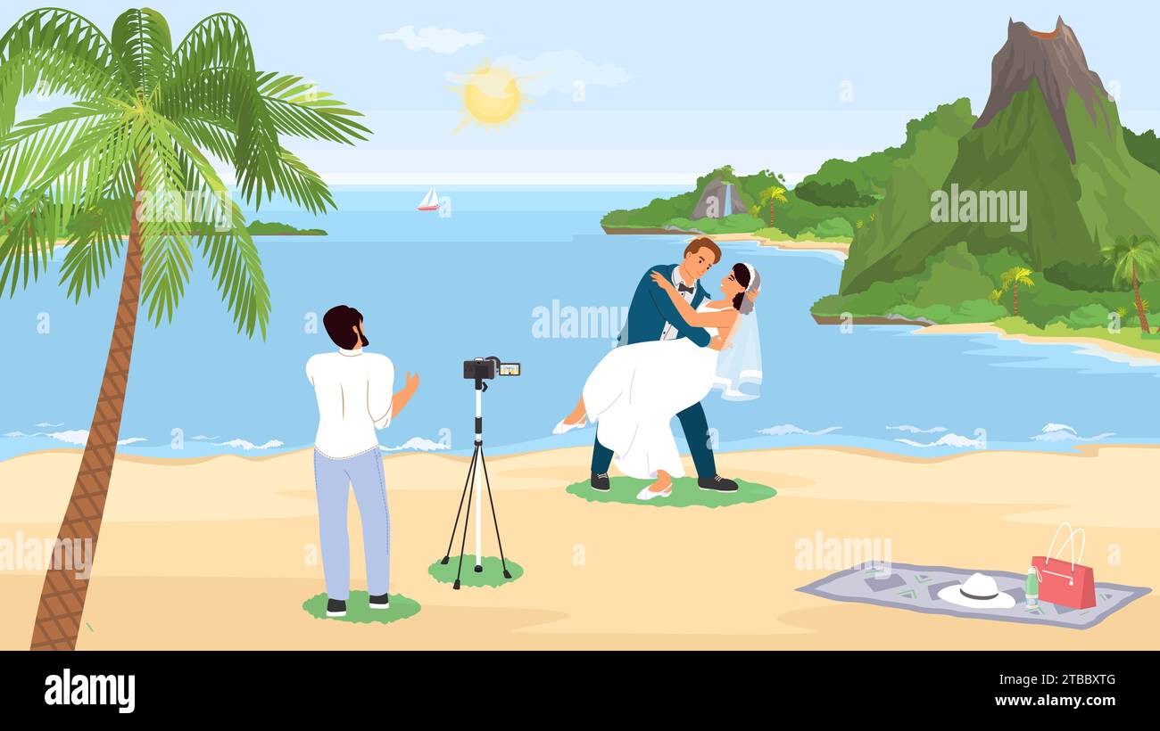 Wedding photograph taking photo of just married couple on tropical ...