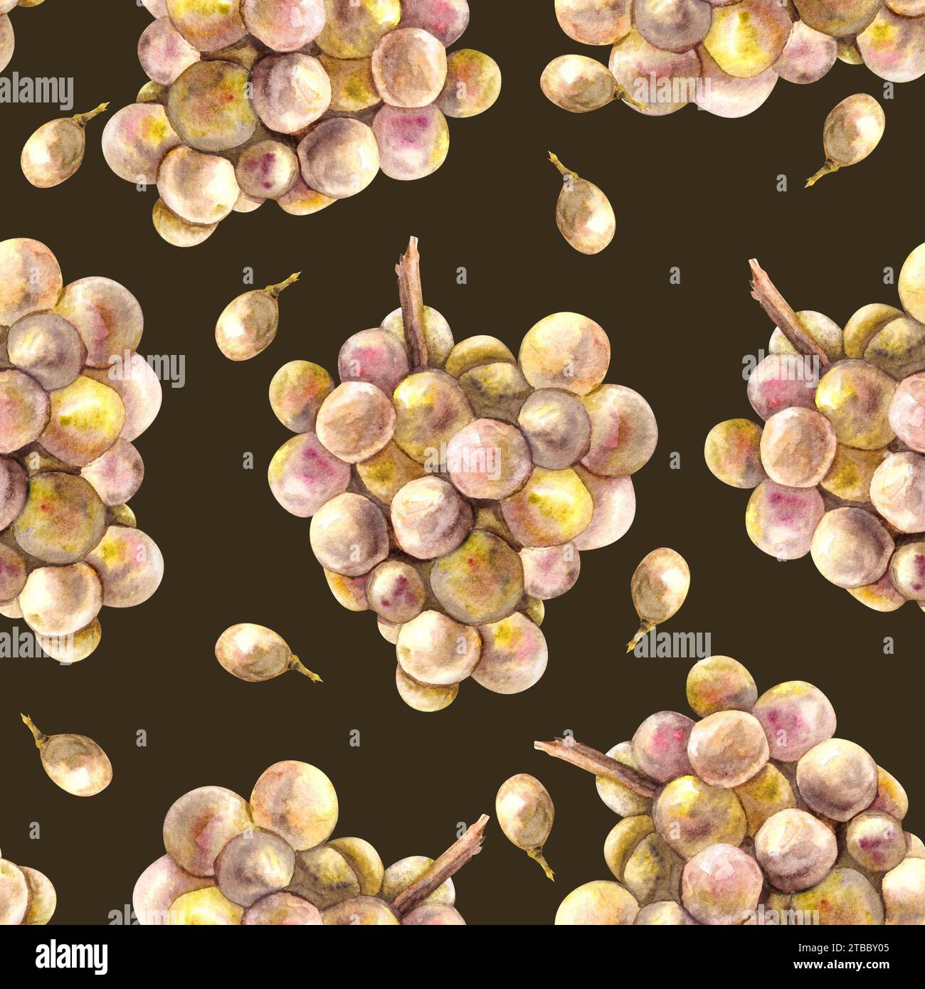 Watercolor seamless pattern. Bunch of green yellow grapes, leaves and ...