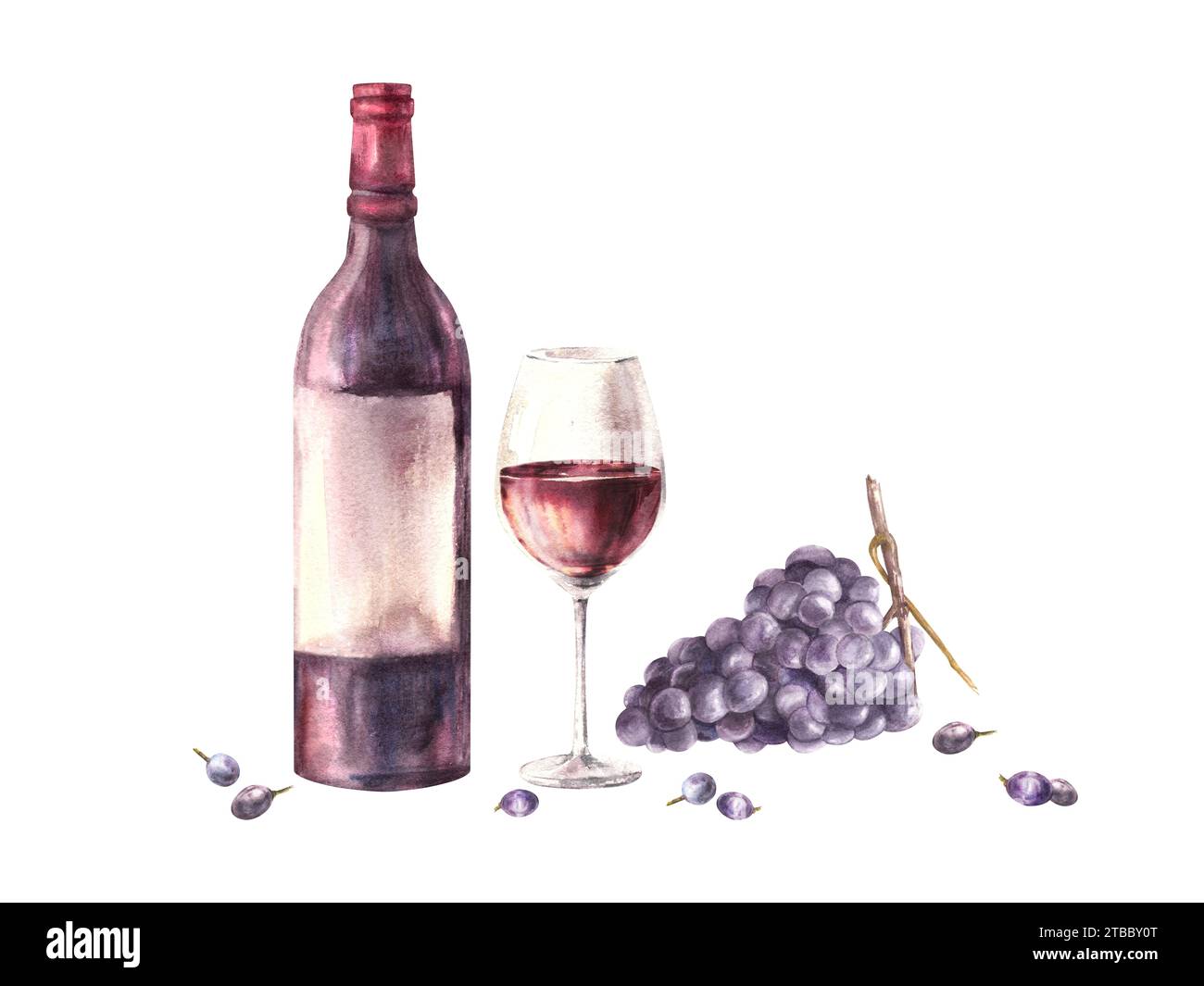 A bottle and glass of red wine with bunch of grape and berries ...