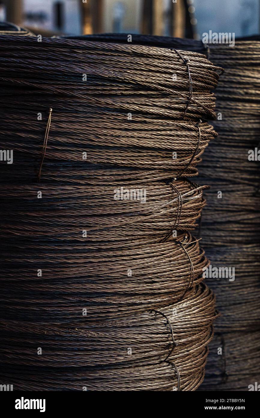 Pile of iron, metal or steel wire rod or coil background for ...